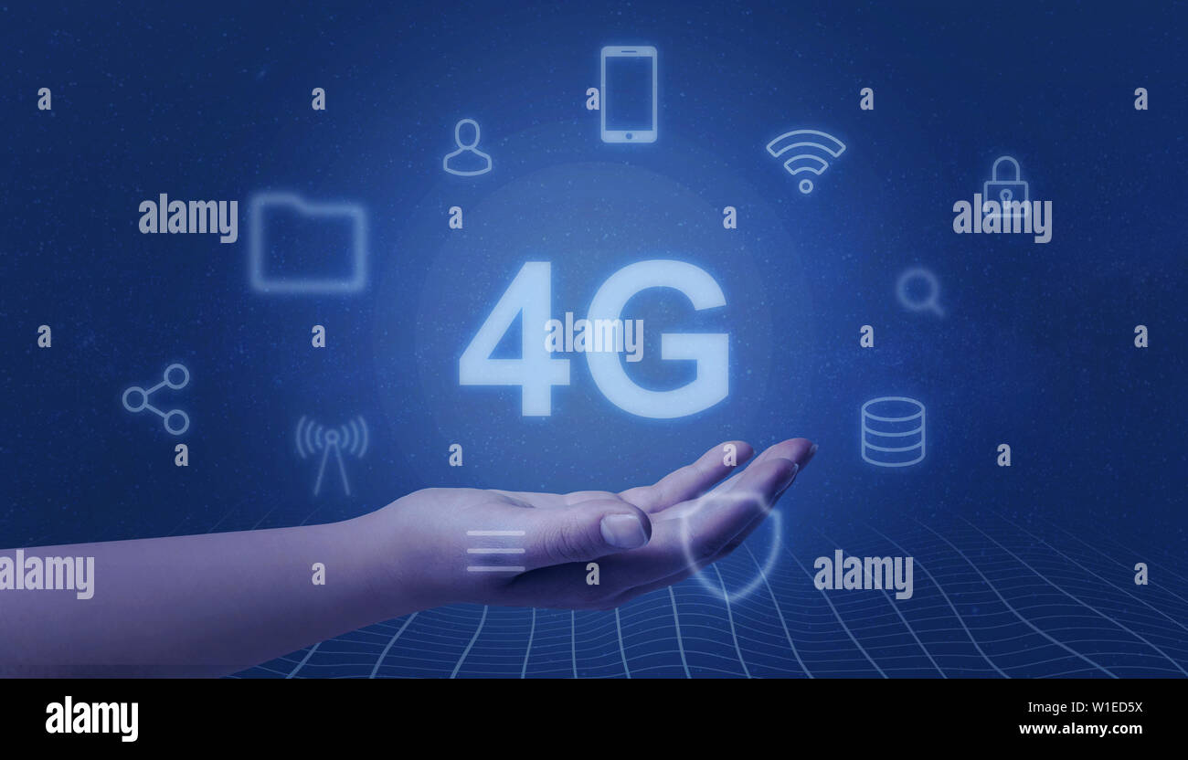 Hand represents 4G. Mobile network concept. Surrounded by icons ...