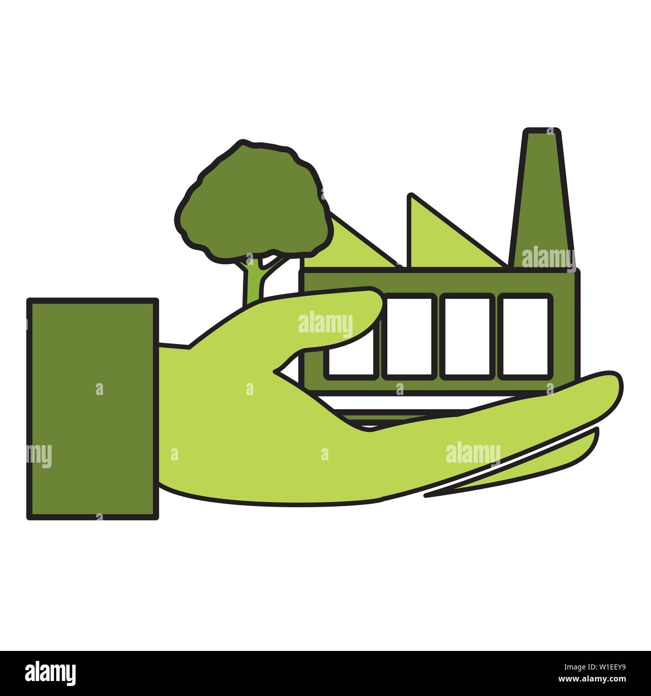 hand with factory tree eco friendly environment vector illustration ...
