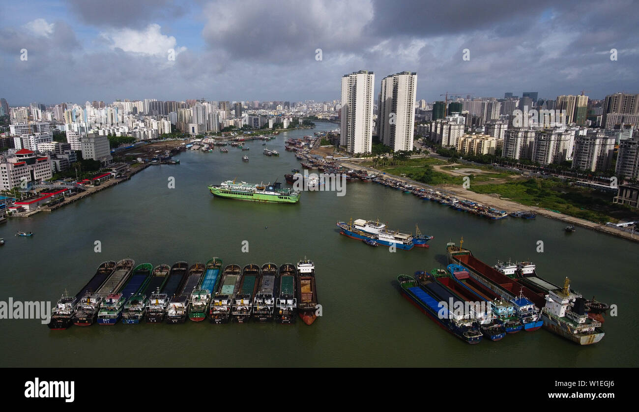 Haikou. 2nd July, 2019. Aerial photo taken on July 2, 2019 shows ships ...