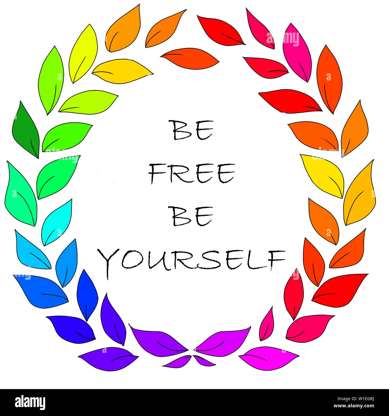Trendy slogan Be free, be yourself surrounded by leaves of rainbow flag ...
