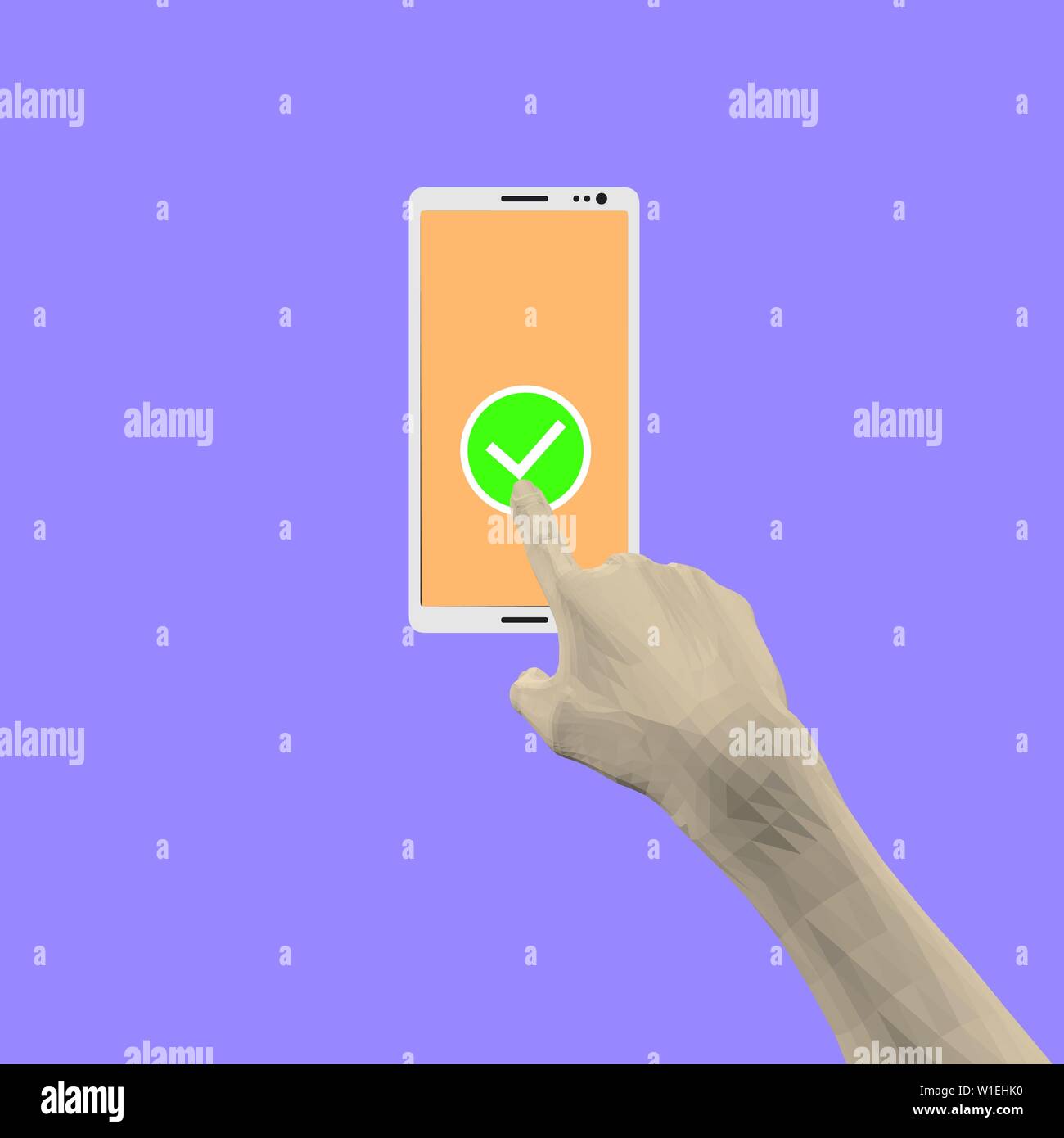 A man hand presses a finger on the phone screen with the approval ...