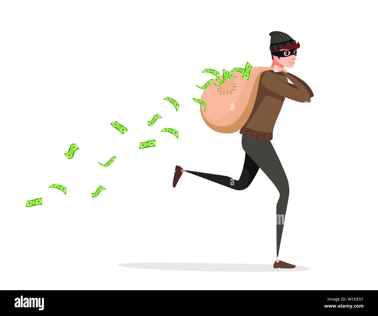Running thief during robbery with bag money pours from the bag cartoon ...