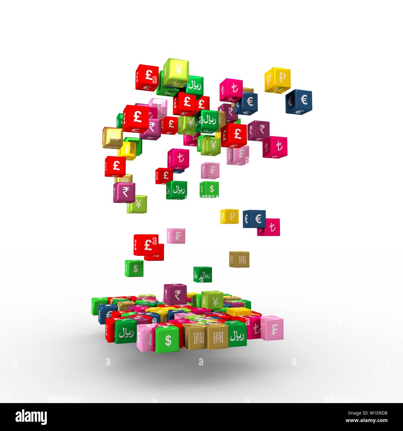 Currency symbols on floating boxes Stock Photo - Alamy