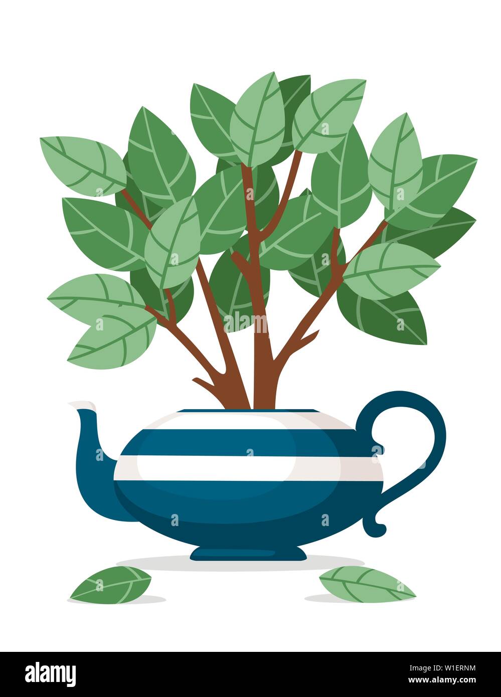 Blue ceramic teapot with tea bush growing out of it flat vector ...