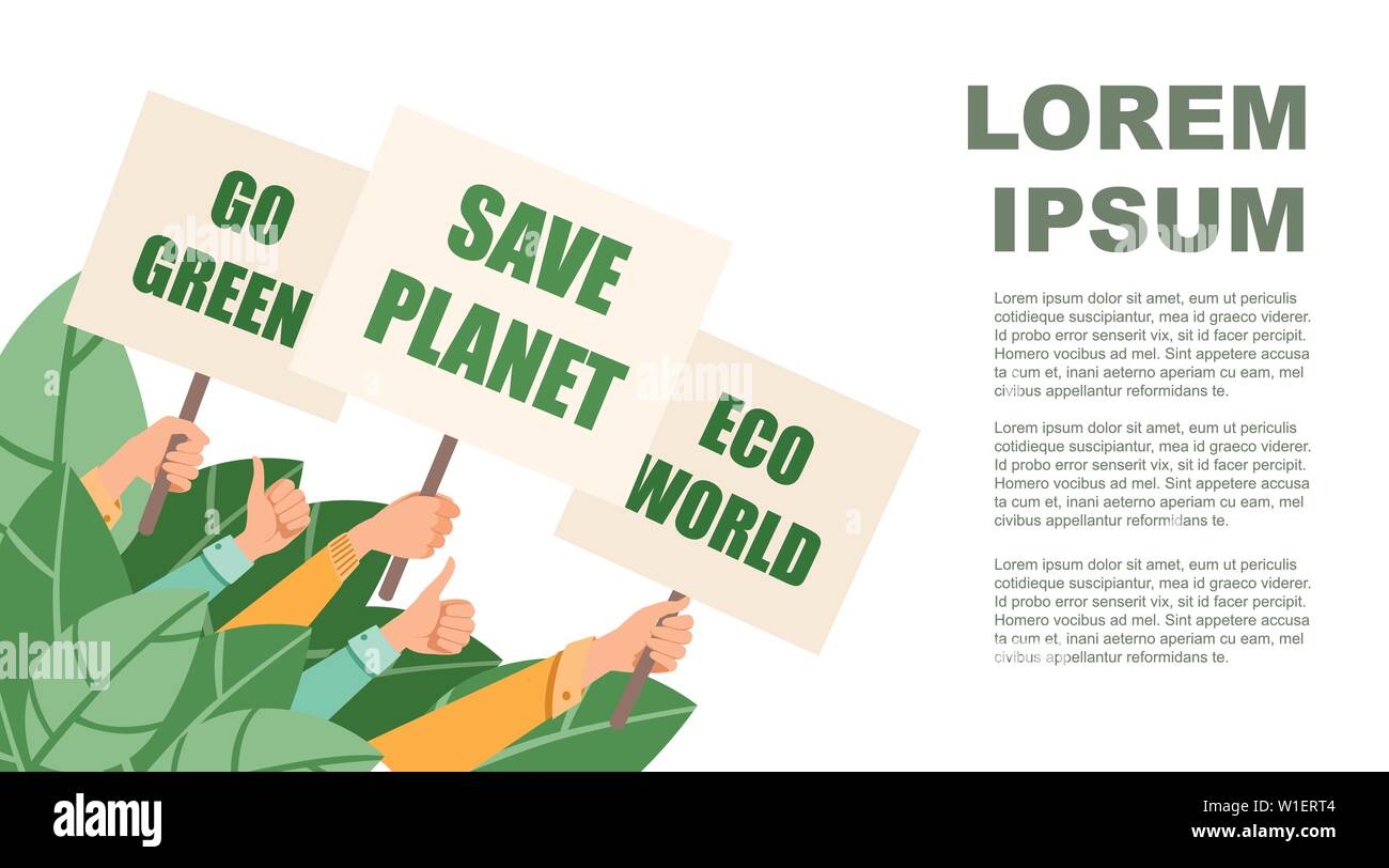 Group of people hands hold protest sign save planet eco world go green ...