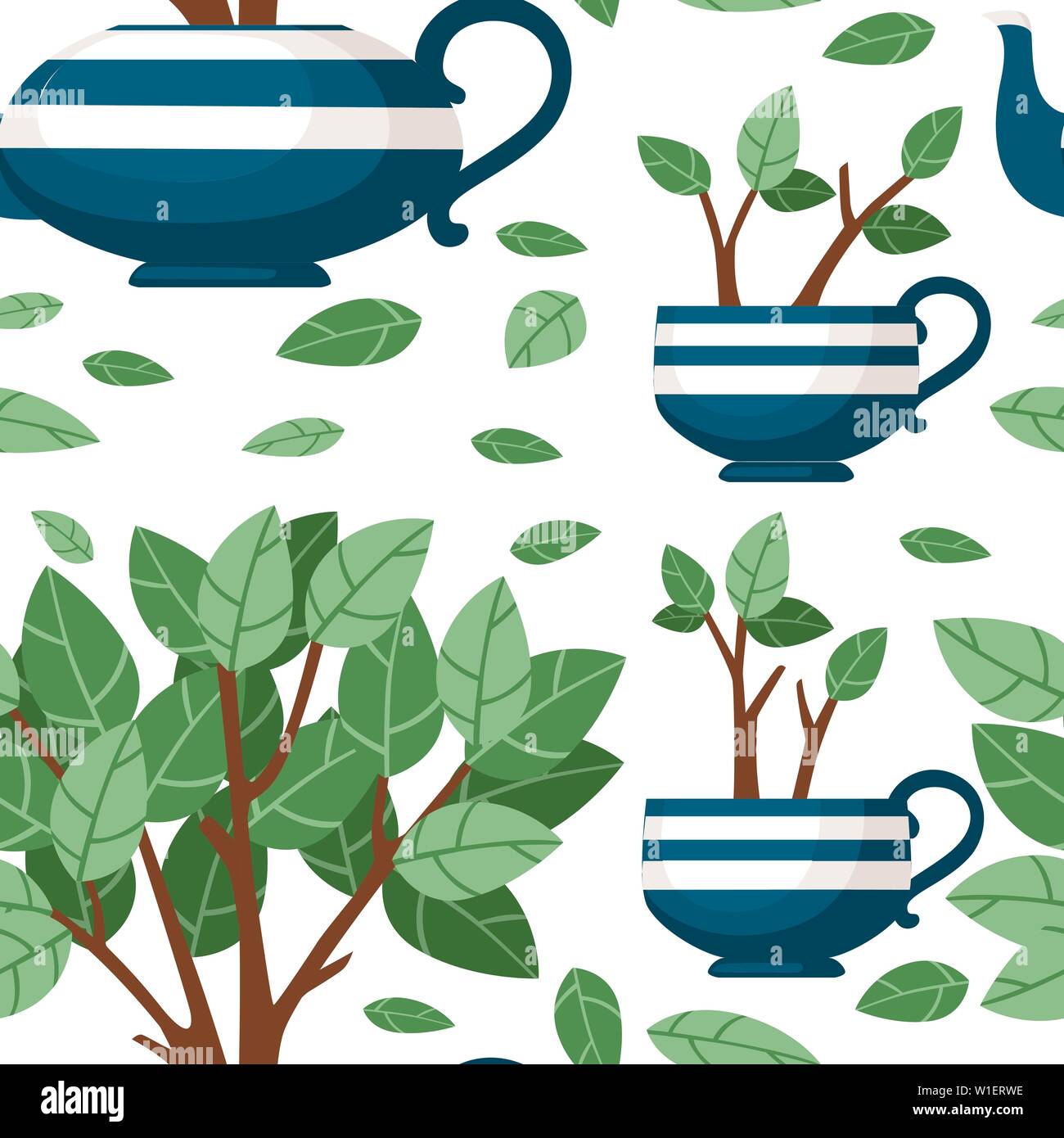 Seamless pattern blue ceramic teapot and two cup with tea bush growing ...