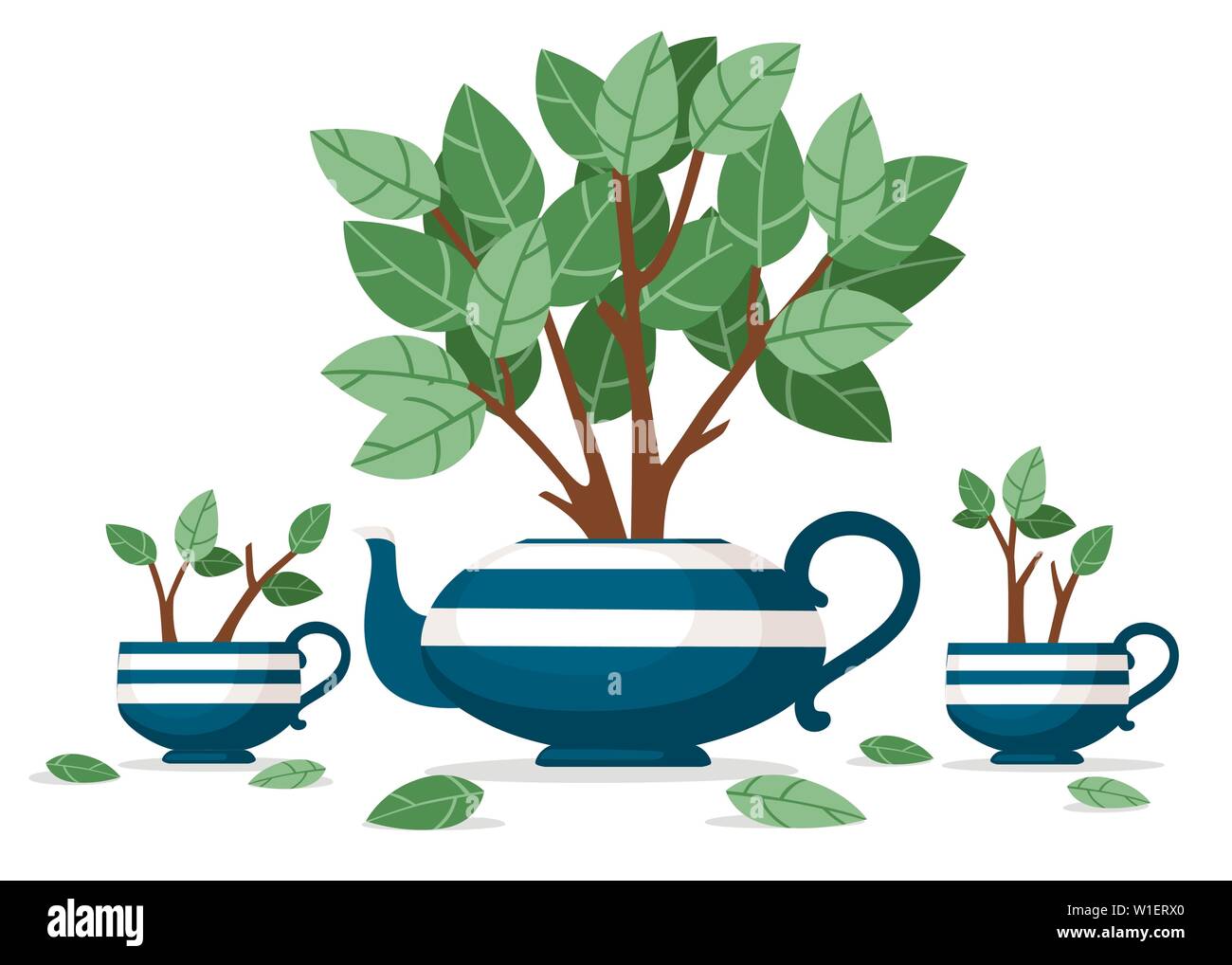 Blue ceramic teapot and two cup with tea bush growing out of it flat ...