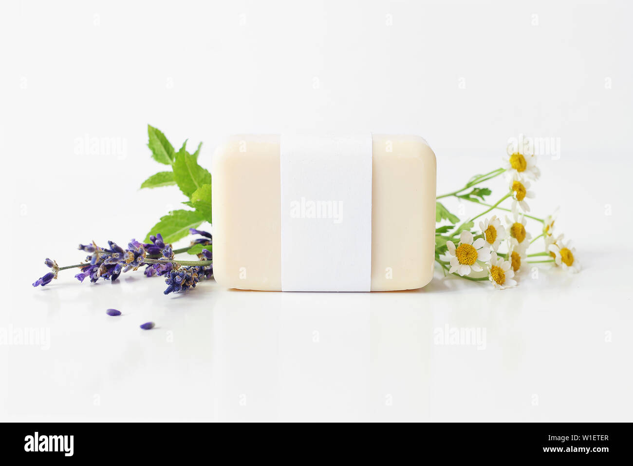 Closeup of hand made herbal soap bar in blank paper label package. Mint ...