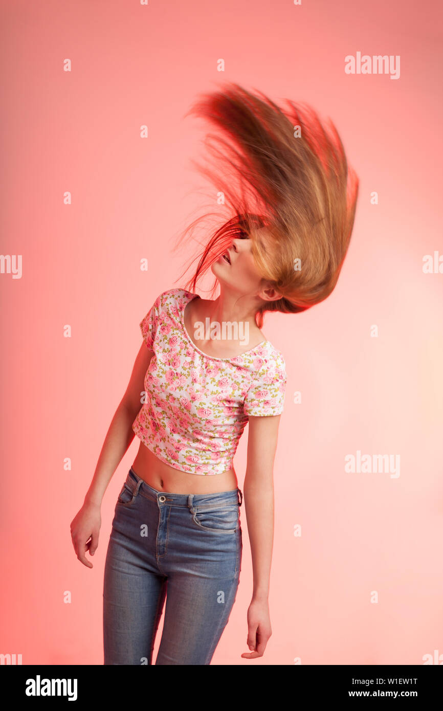 cute modern girl posing in the Studio .photo with space for text Stock ...