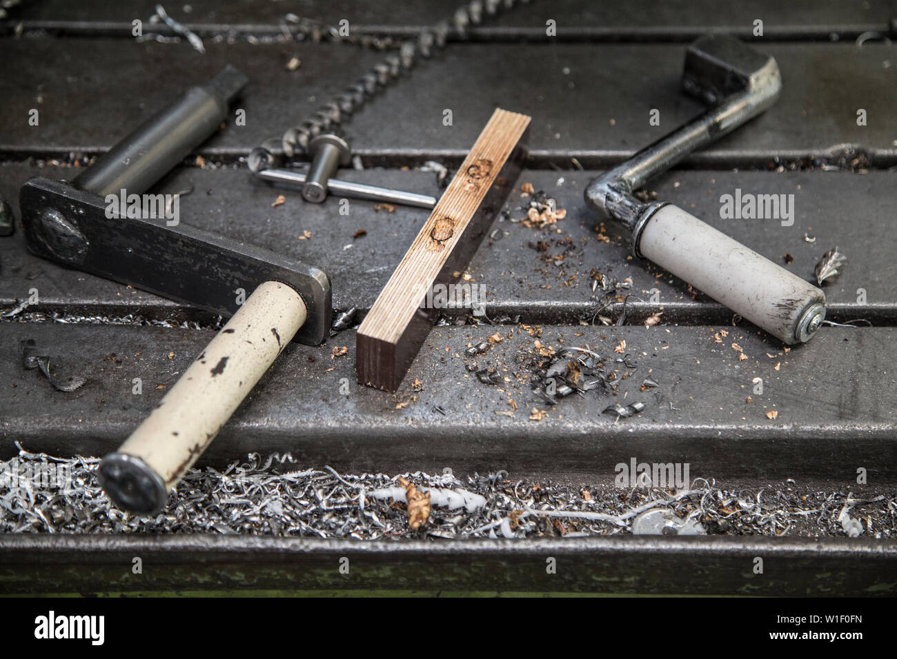 Hand tools on workshop table Stock Photo - Alamy