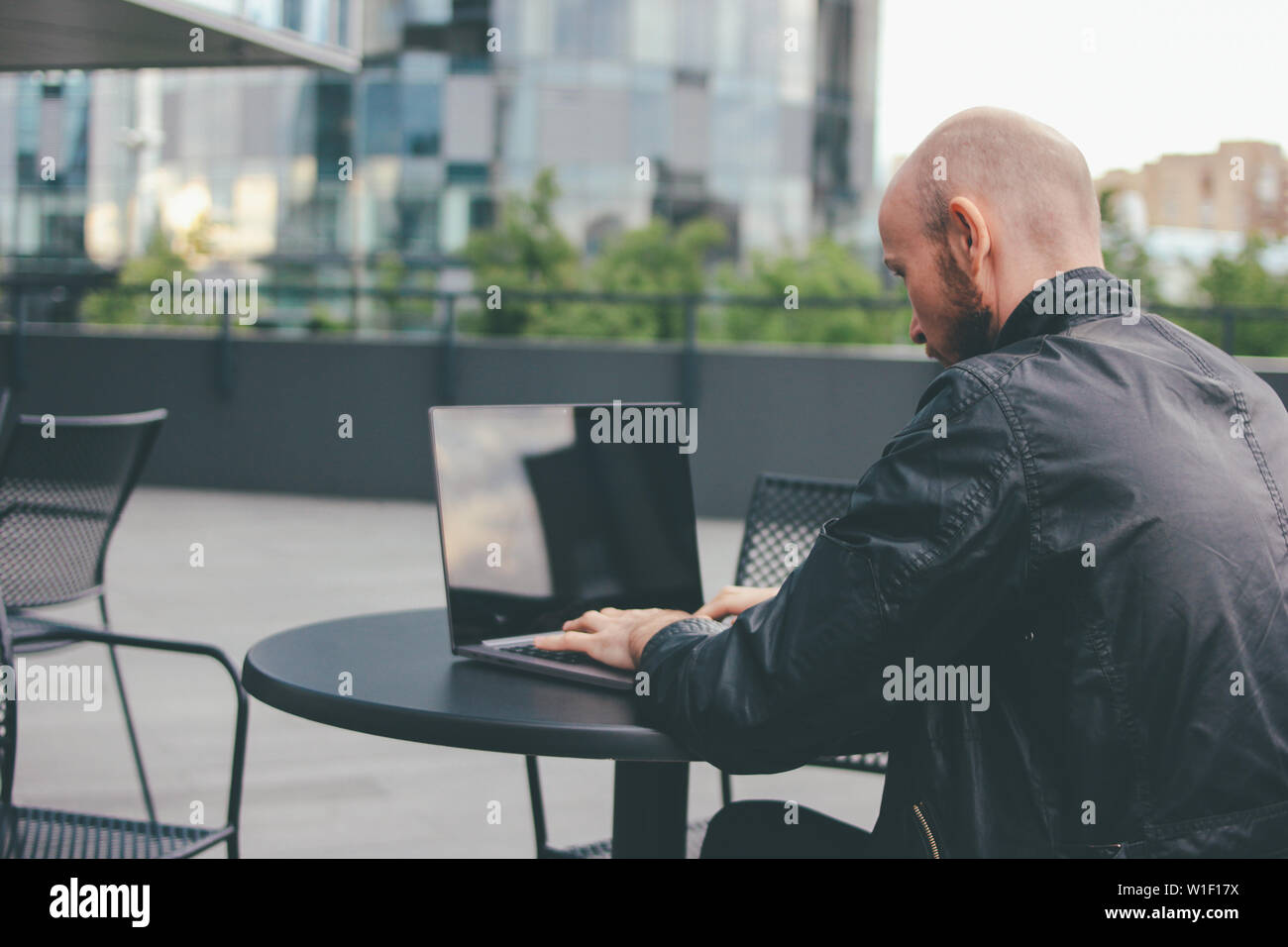 Thinking Attractive Adult Successful Bald Bearded Man In Black Jacket