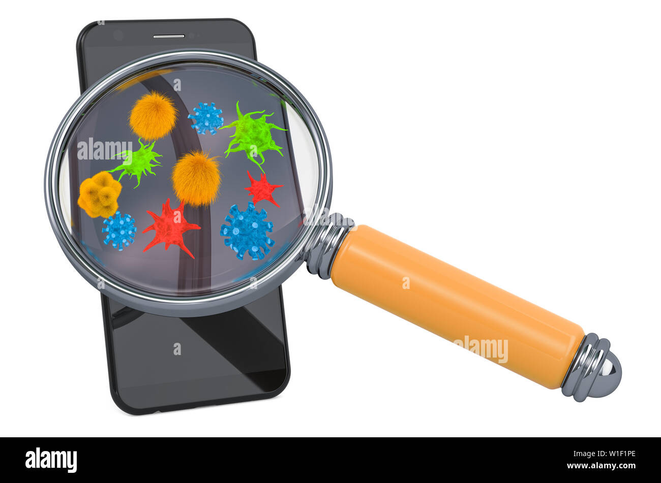Smartphone, mobile phone with viruses and bacterias under magnifying ...