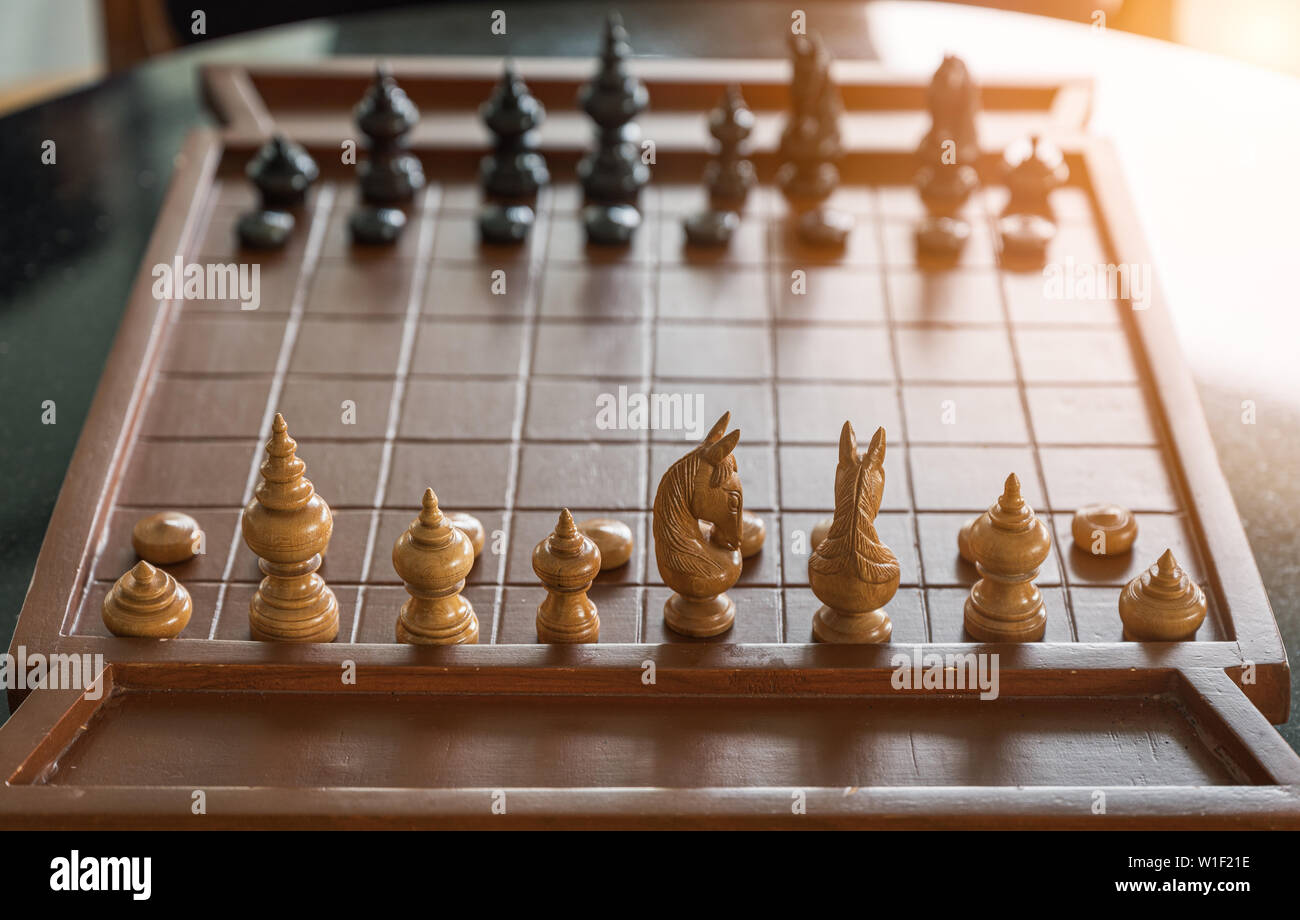 Wooden chess board game with chess pieces set of ready to play Stock ...