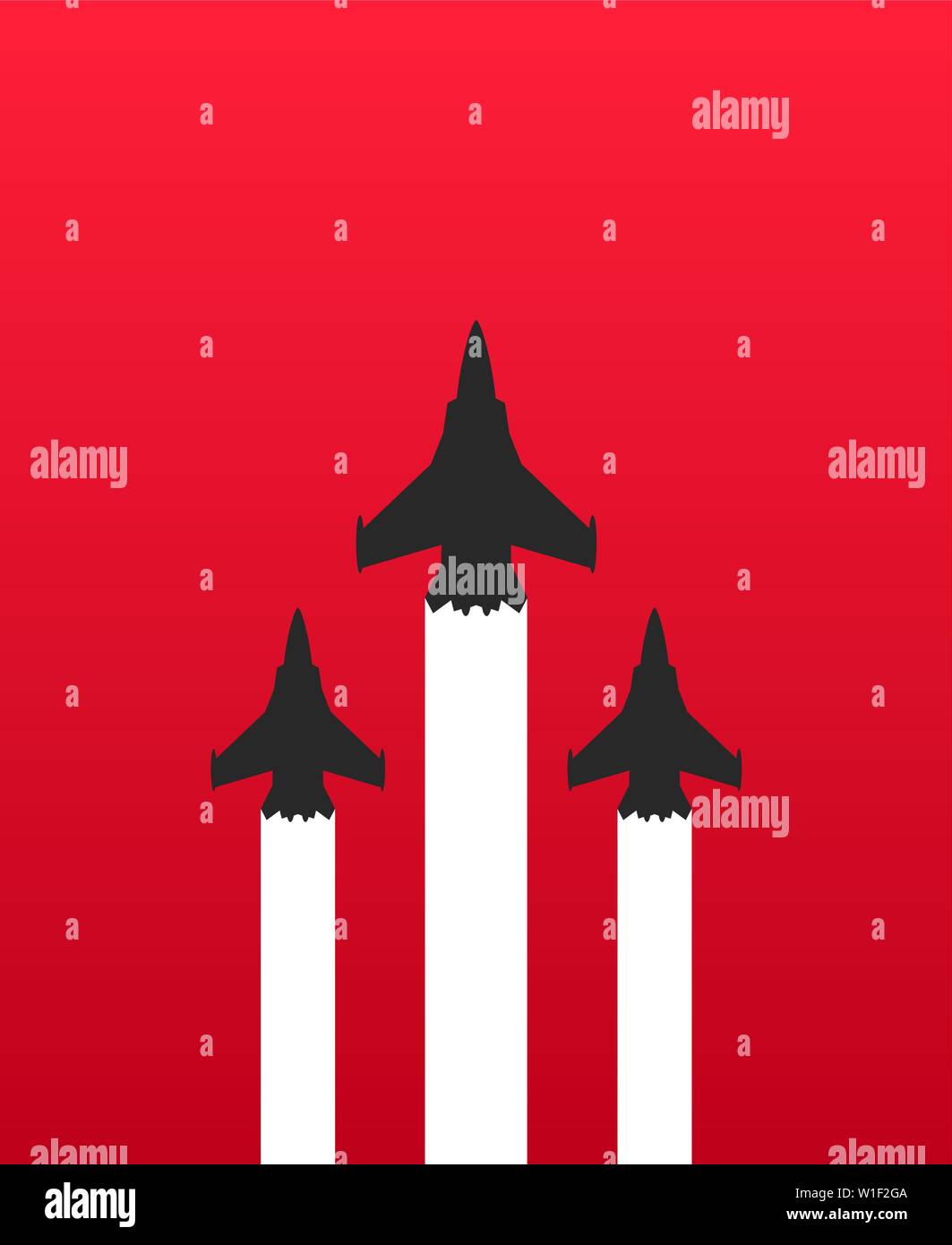 Three military fighter jets with white trails on red background ...