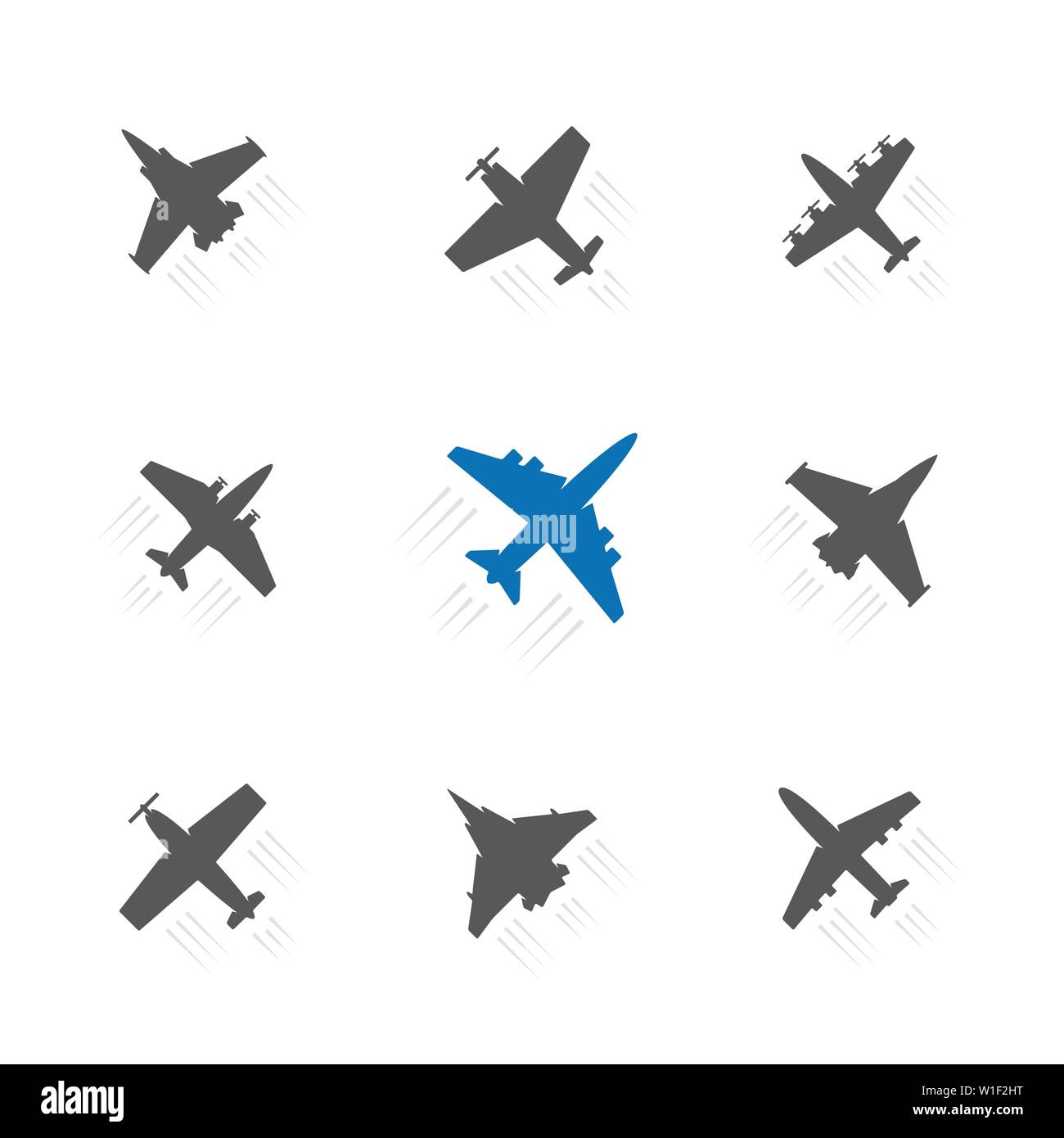 Set of different airplane with trace symbols. Aircraft, plane black ...