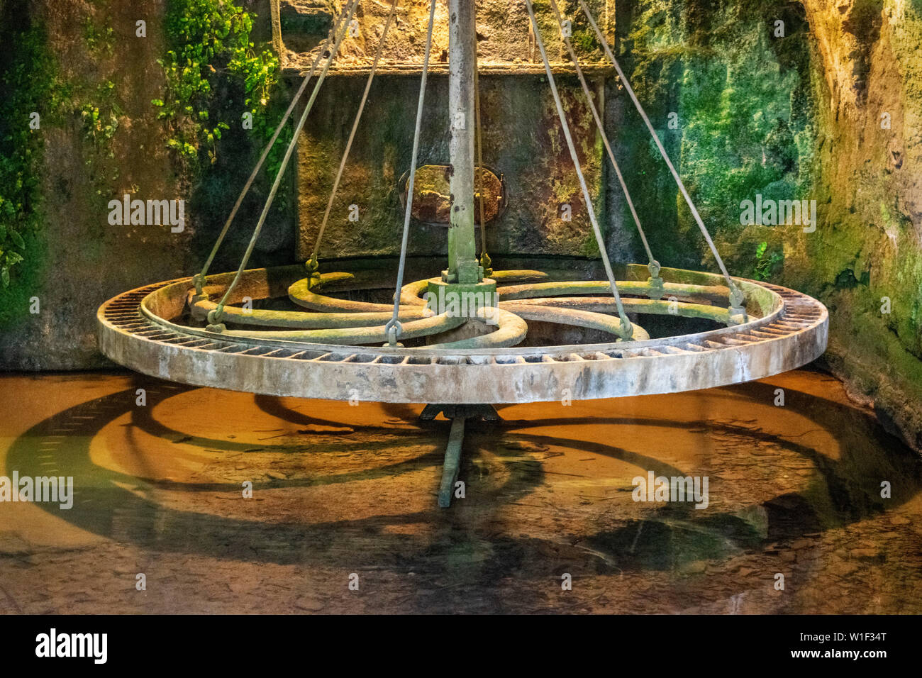 A horizontal water mill while it is stationary, prior to the sluice ...