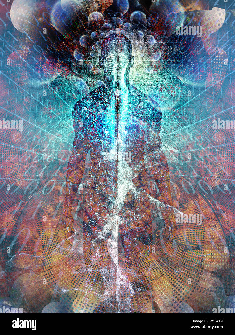 Future Man. Spirit emerges from digital space. Soul or aura and binary ...