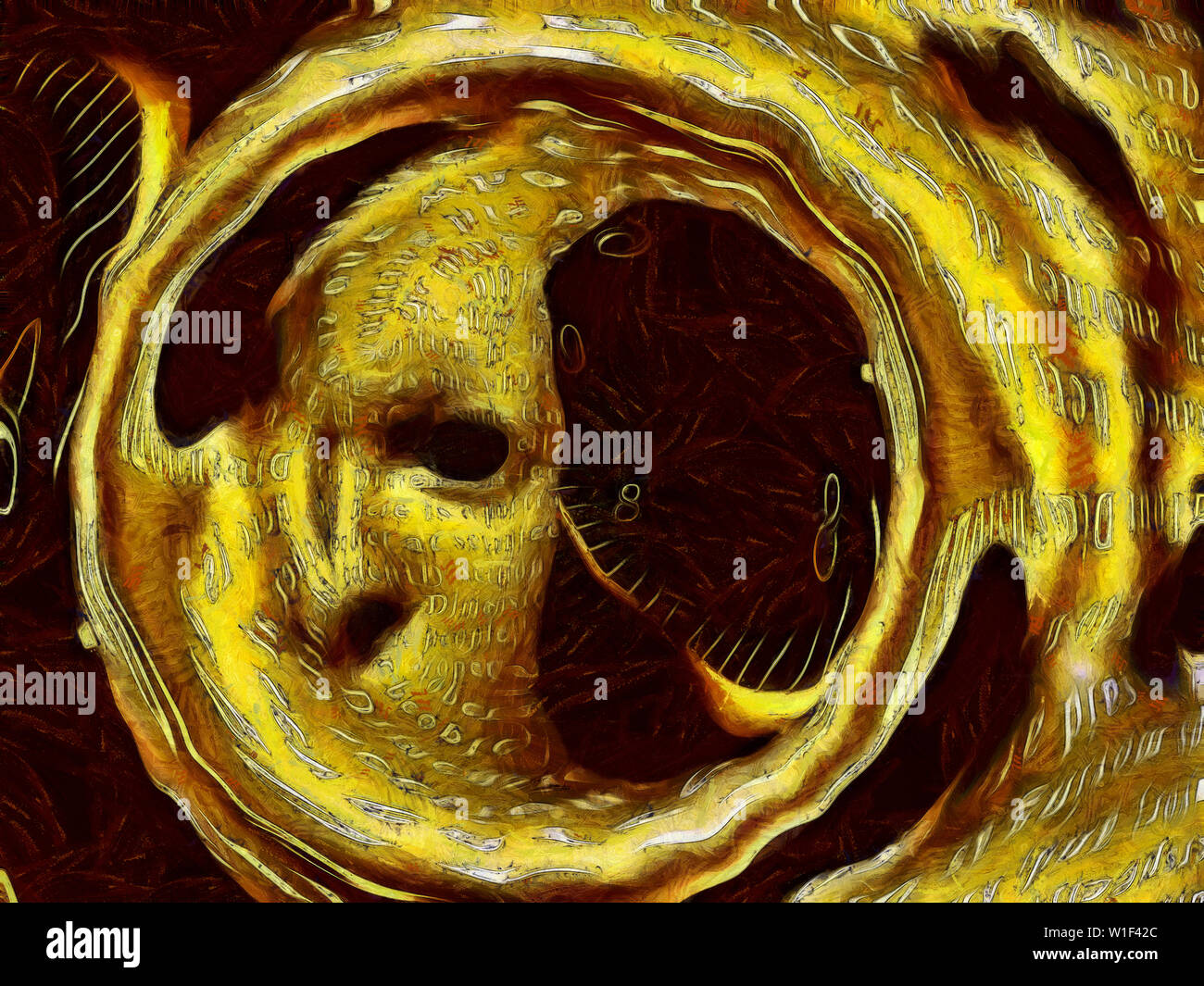 Surrealism. Warped human face inside tunnel. Words and spiral of time ...