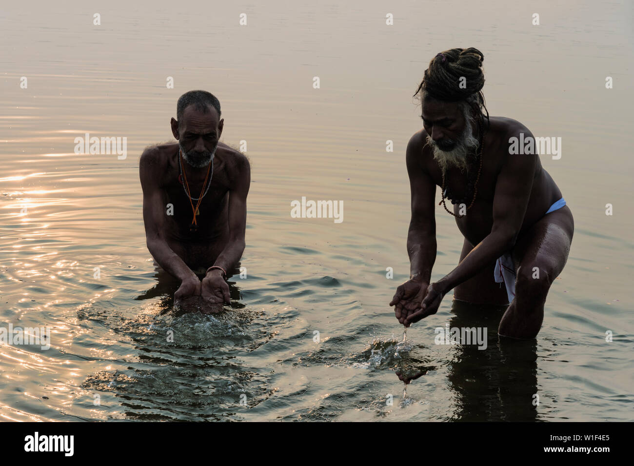 Rome baba and Sadhu bathing in the Ganges River at sunrise, For ...