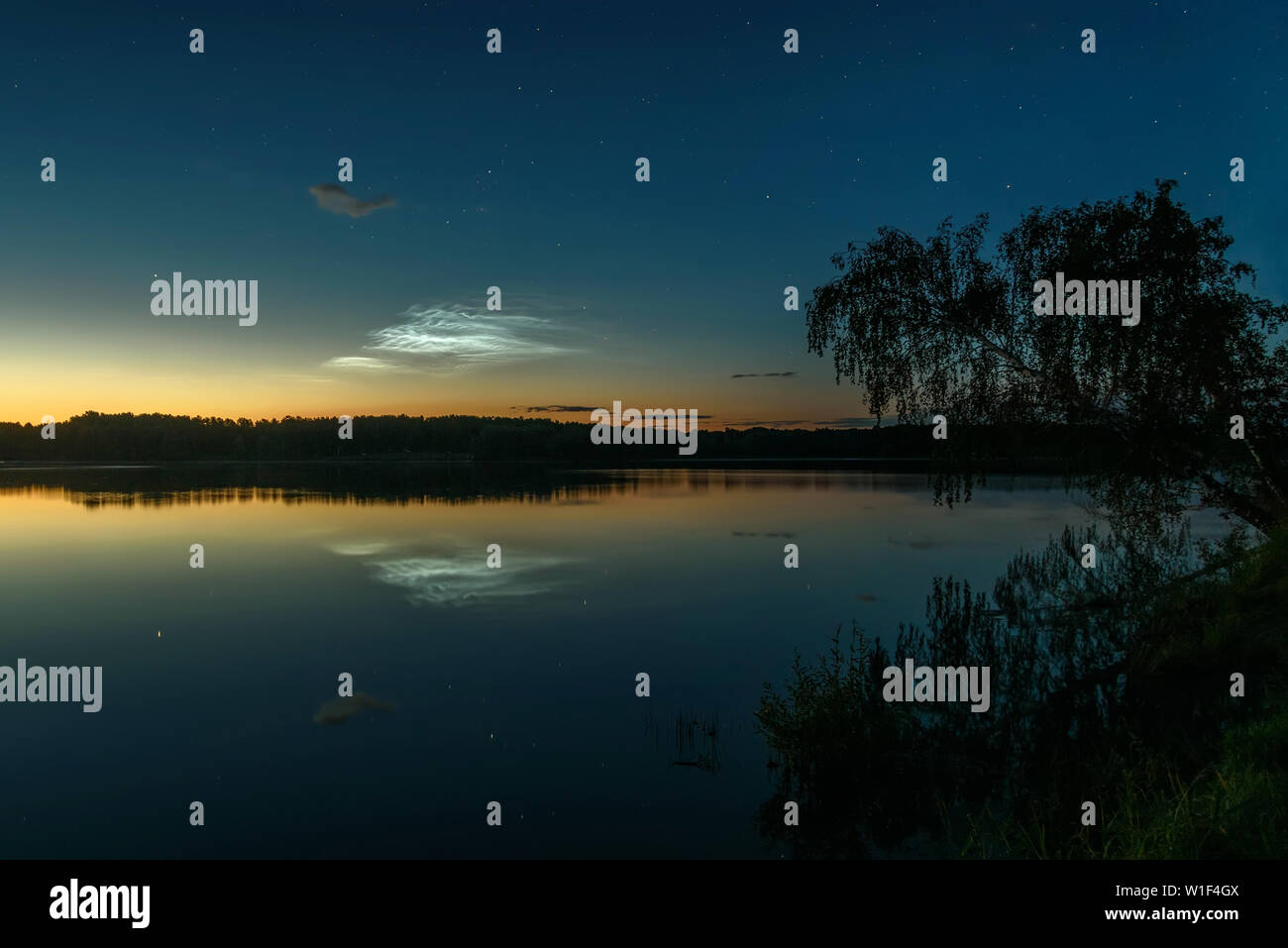 Amazing night landscape with luminous silvery clouds and stars in the ...