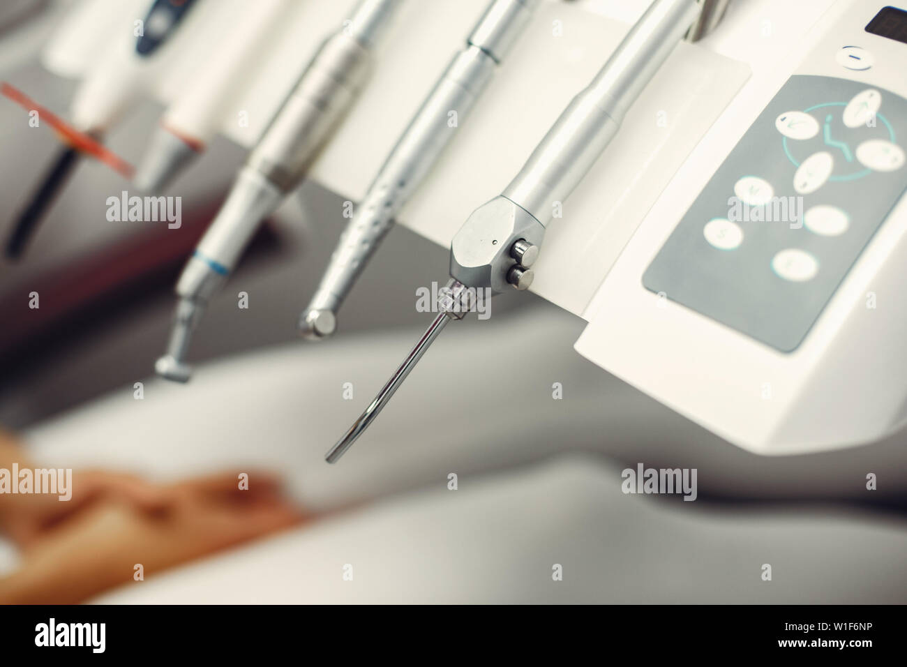 Metal instruments for the treatment of teeth. Dental clinic Stock Photo ...