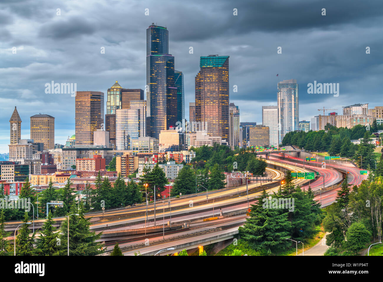 Seattle, Washington, USA downtown city skyline over highways at dusk ...