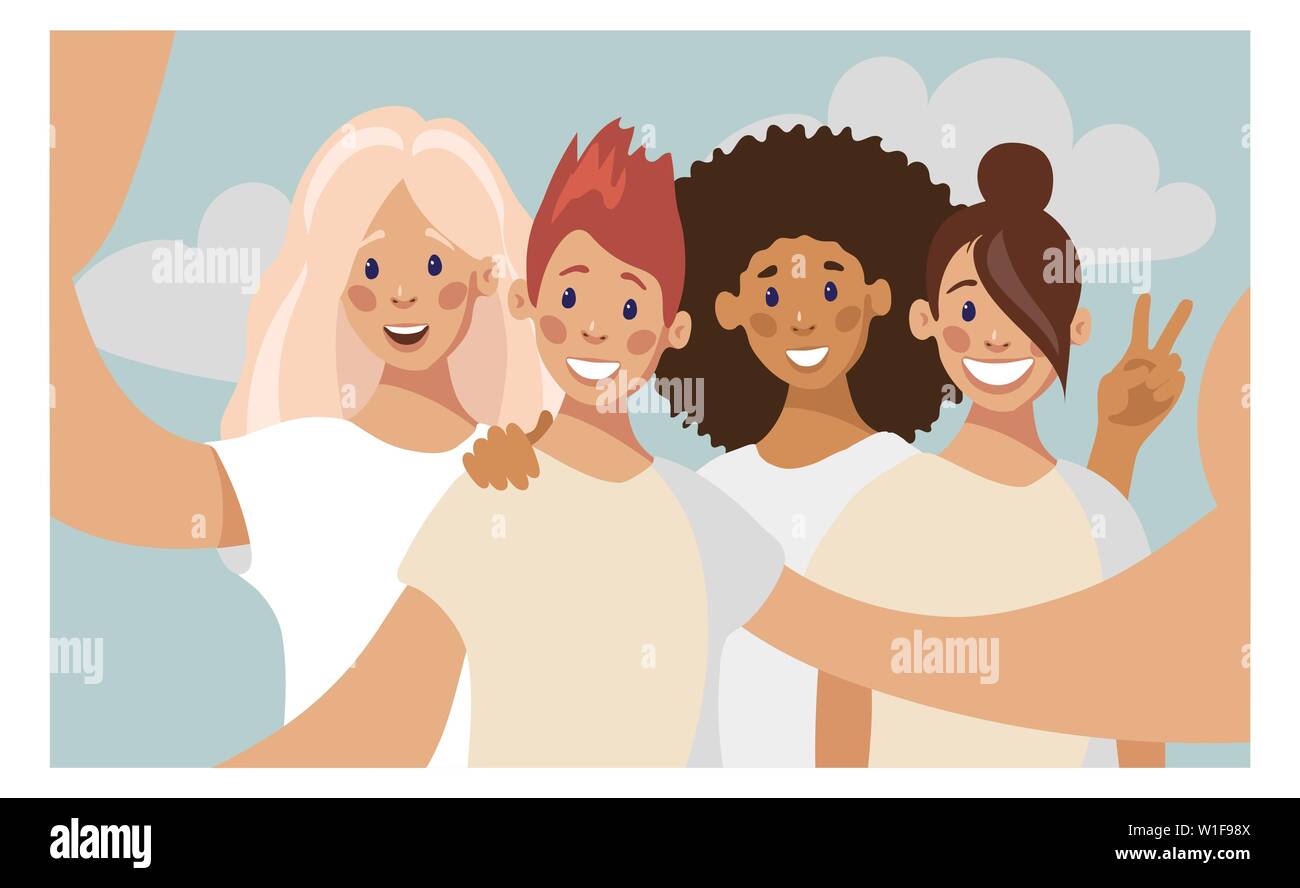 A group of four young girls taking a photo with a smartphone. Taking a ...