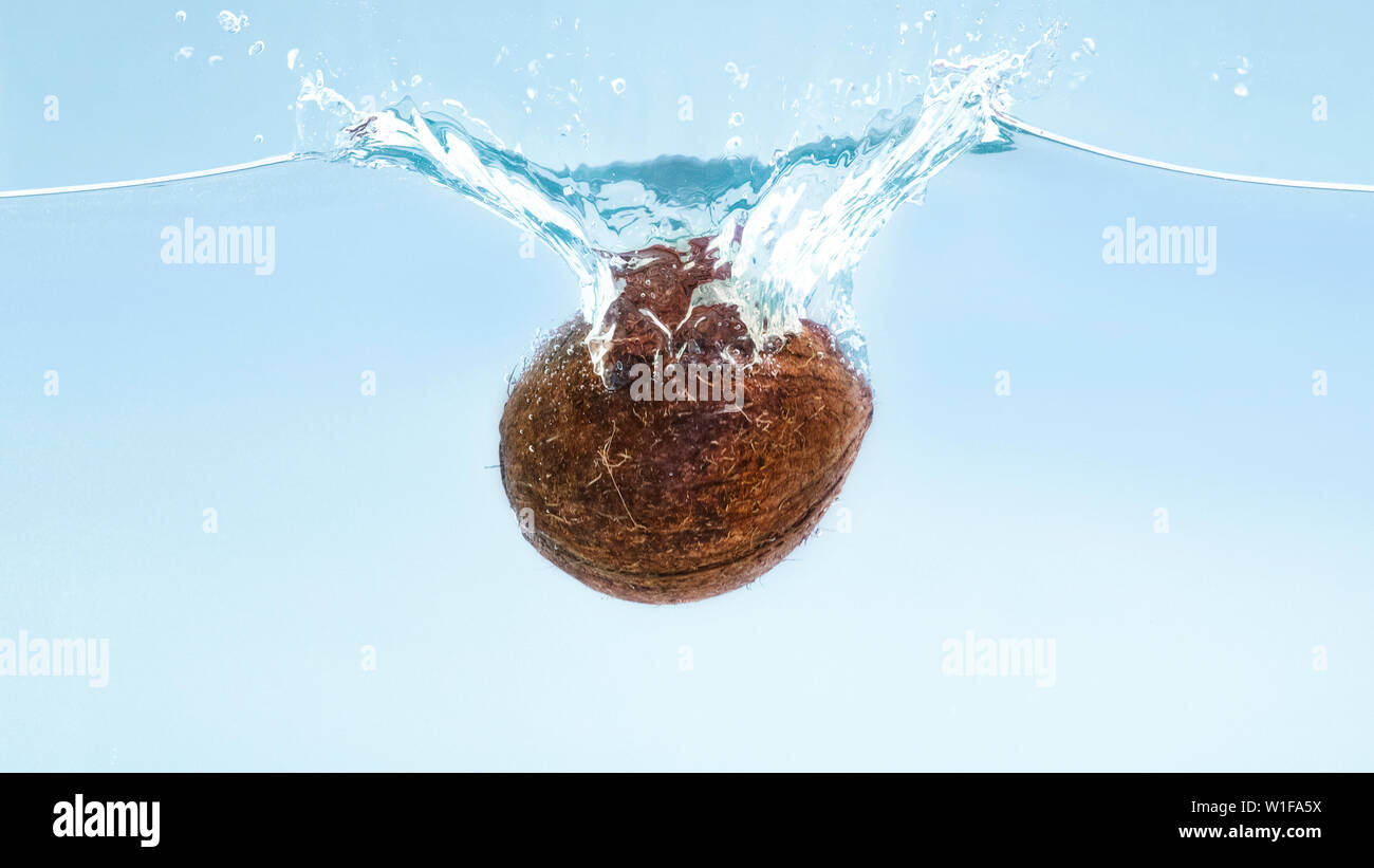 Ripe coconut falling in clear water with splash Stock Photo - Alamy