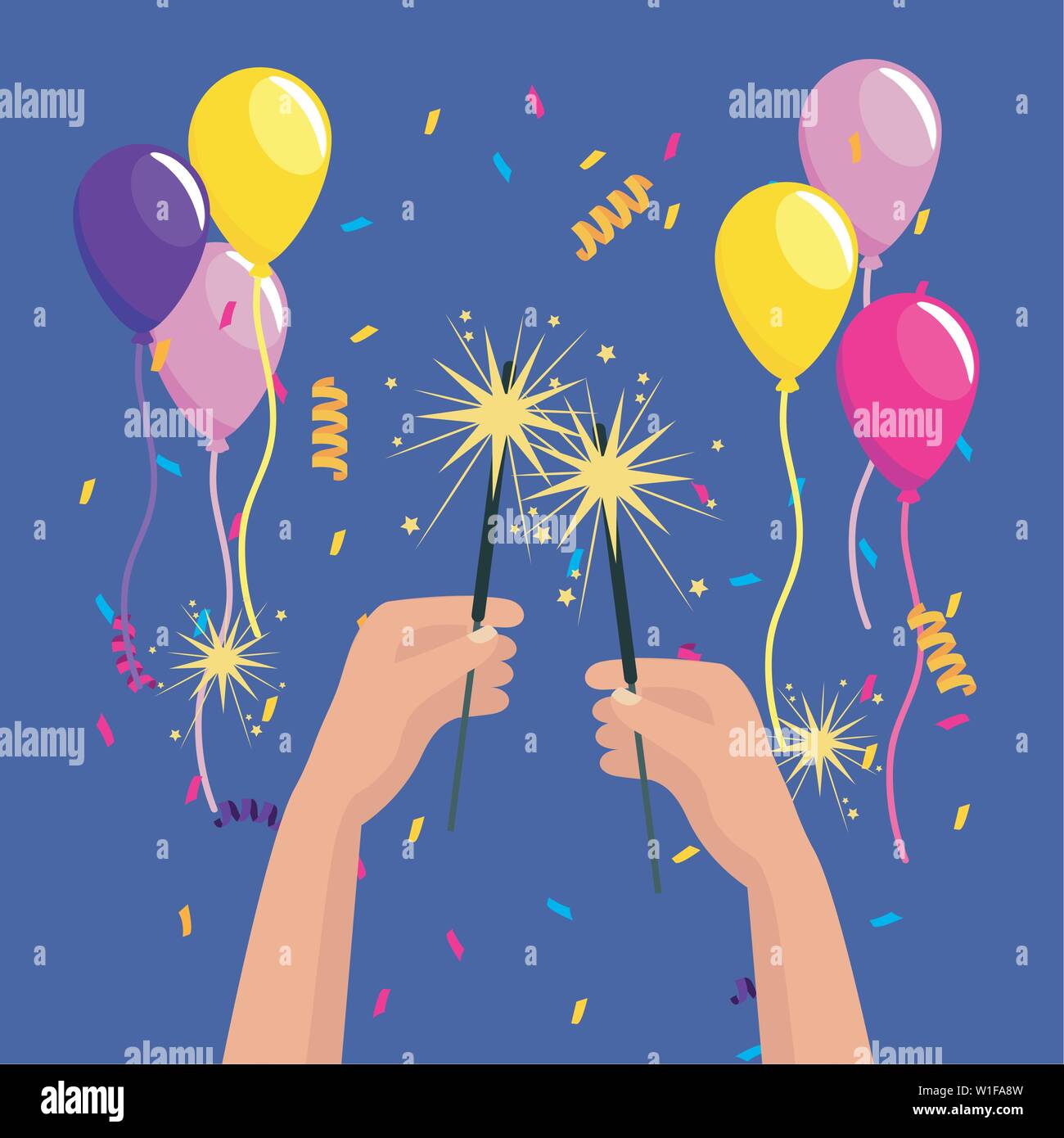 hands with sparkles fireworks and balloons decoration to party event ...
