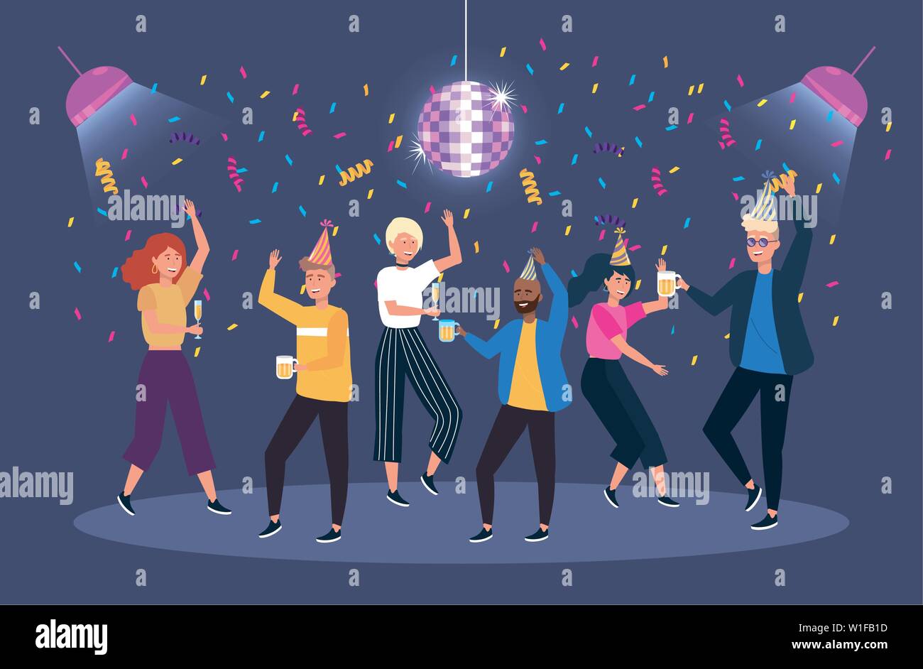 cute women and men dancing with confetti decoration to party ...