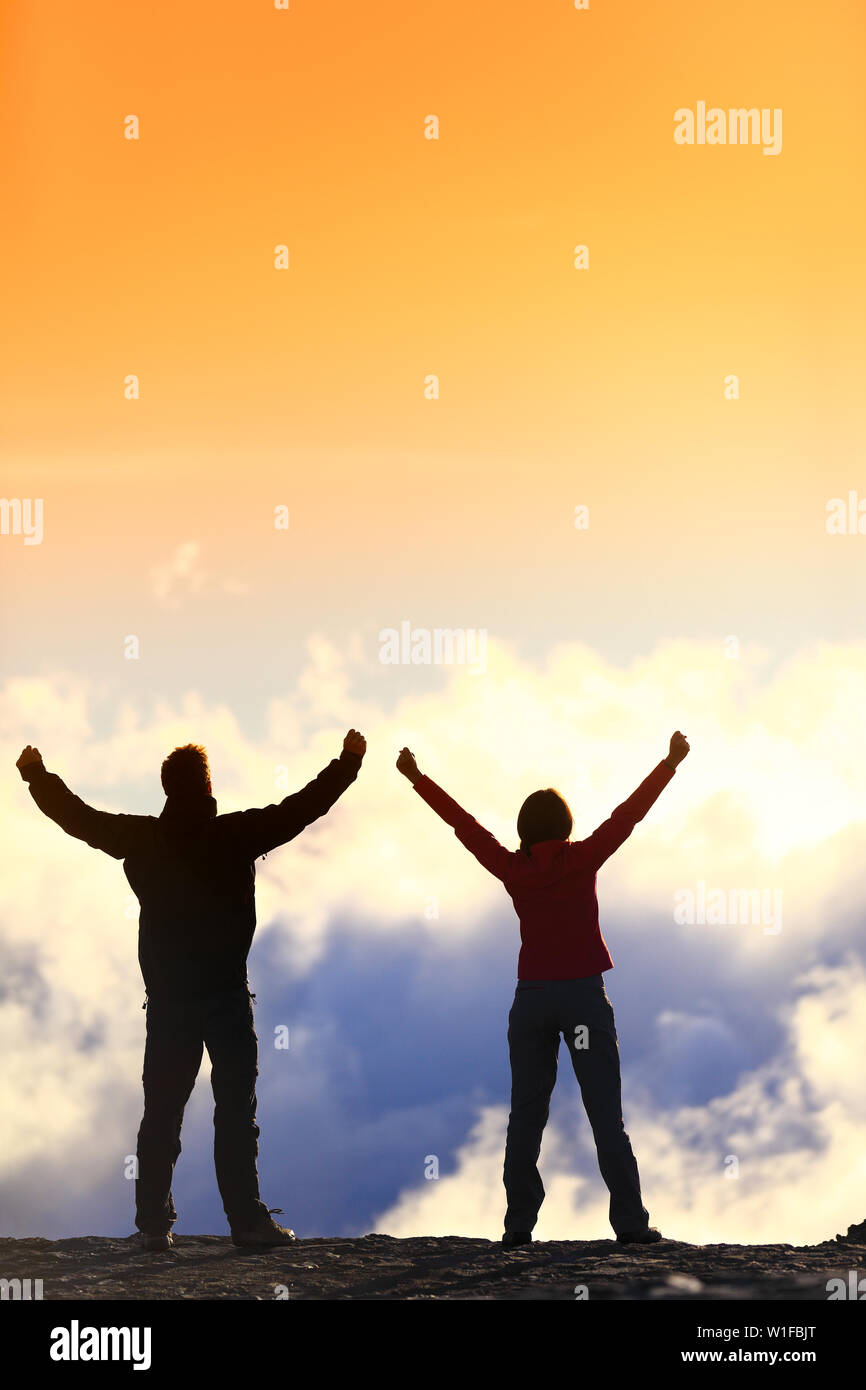 Success, life achievement, goal accomplishment concept with hiking ...