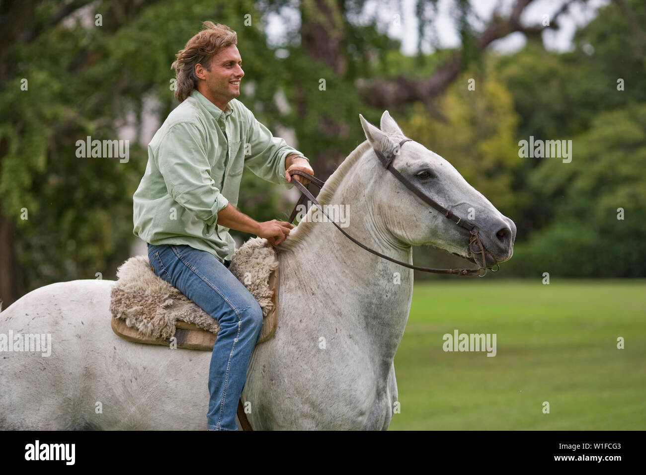 Man riding a white horse Stock Photo - Alamy