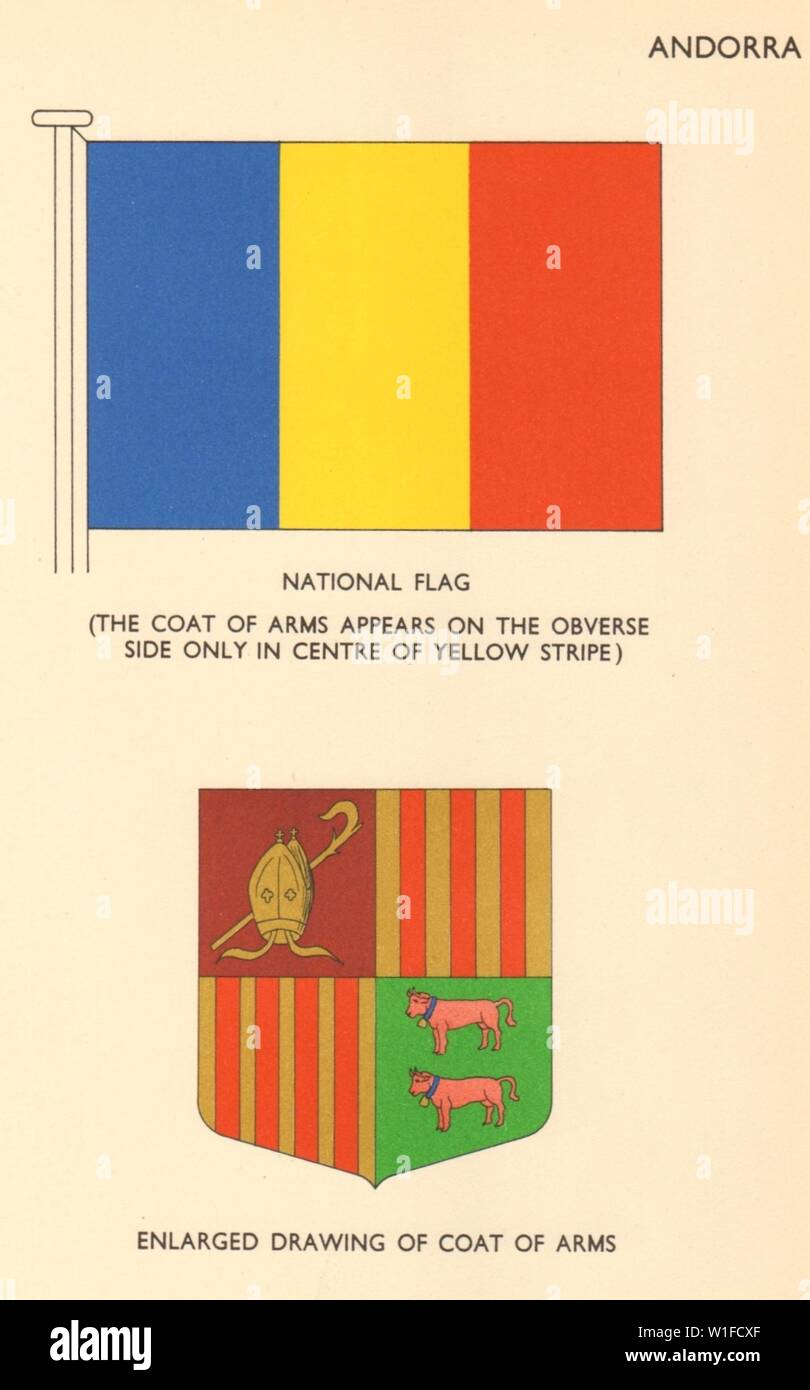 ANDORRA FLAGS. National Flag. Enlarged drawing of Coat of Arms 1958 old ...
