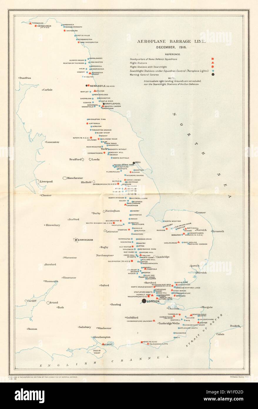 FIRST WORLD WAR. England Aeroplane Barrage line, December 1916 1931 old ...