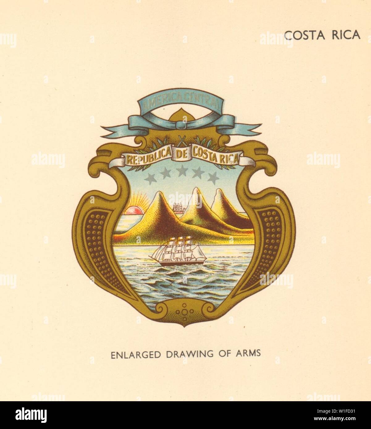 COSTA RICA FLAGS. Enlarged Drawing of Arms 1955 old vintage print ...