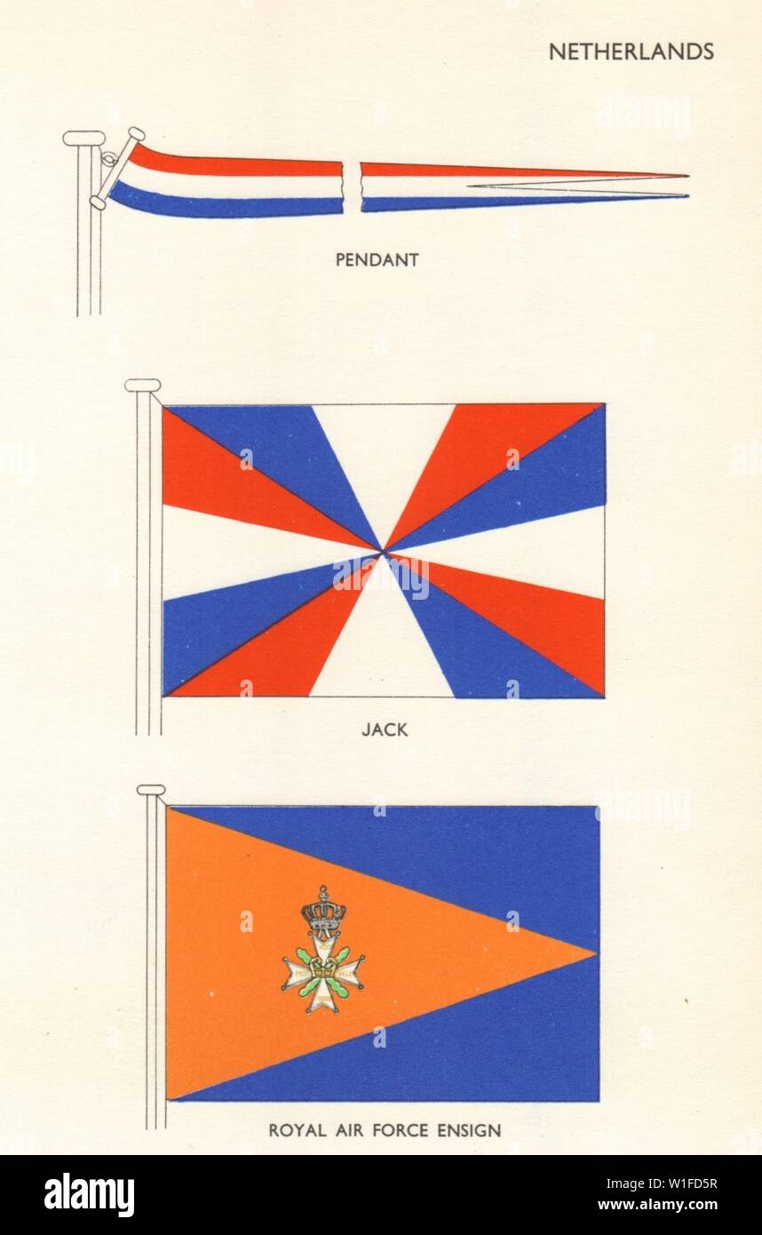 NETHERLANDS FLAGS. Pendant, Jack, Royal Air Force Ensign 1964 old print ...