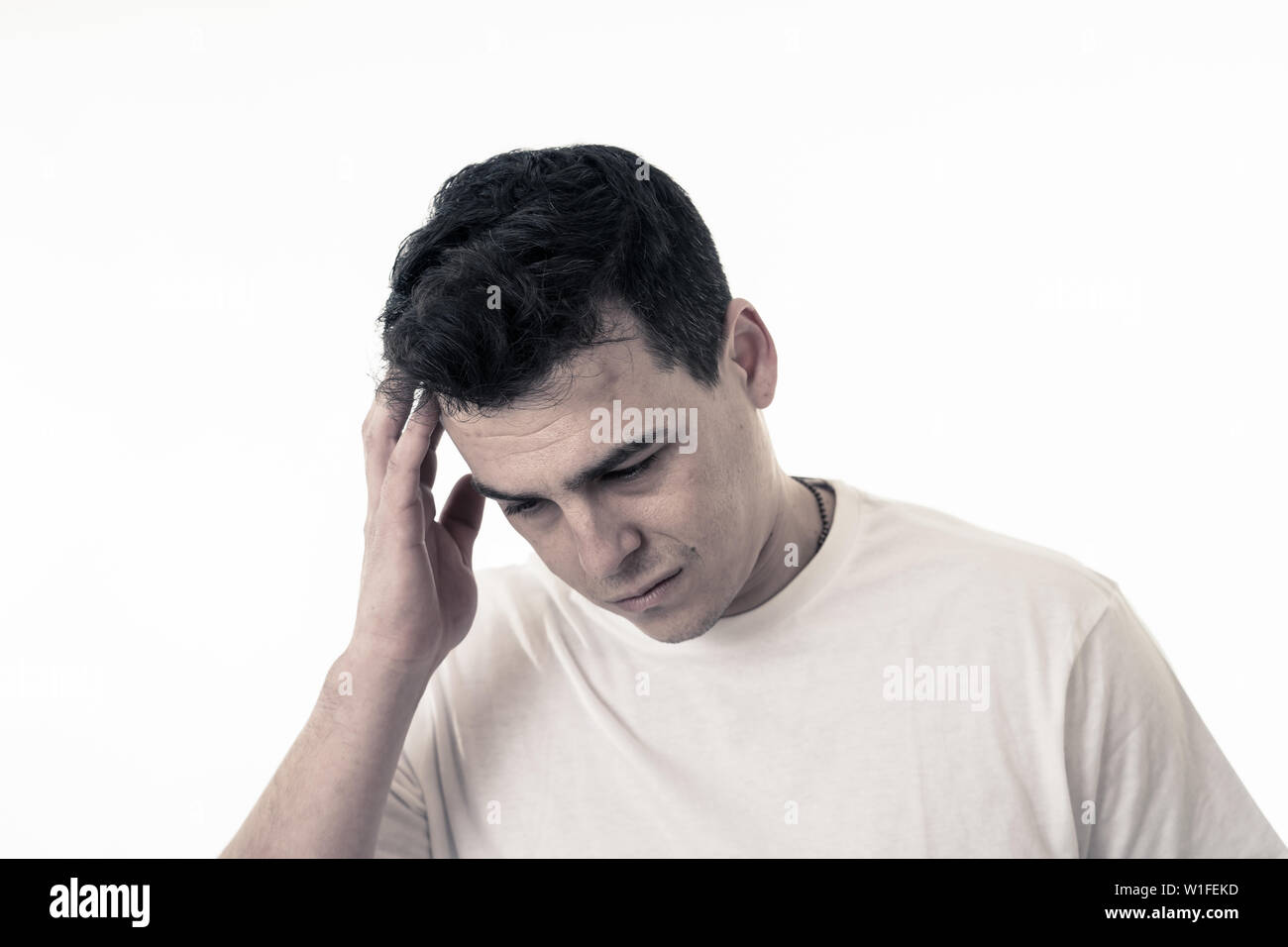 Close up portrait of attractive sad depressed man suffering depression ...