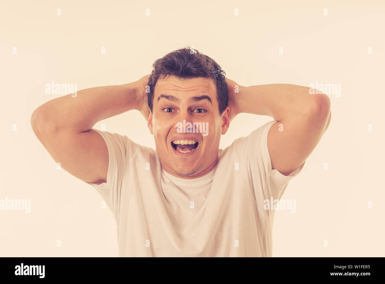 Man rejoices in achieving his goal, wining the lottery or having great ...