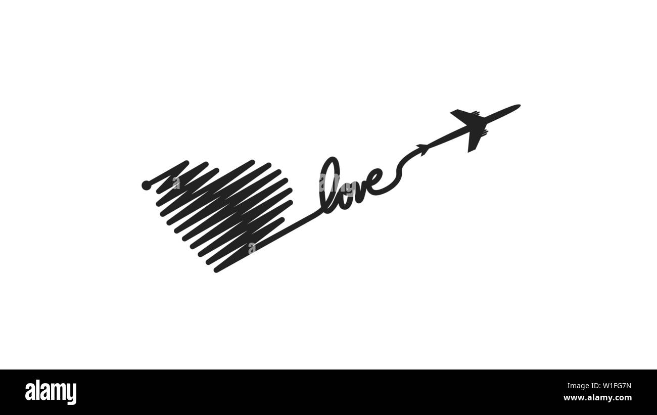 Plane and its track in the shape of a heart and text love on white ...