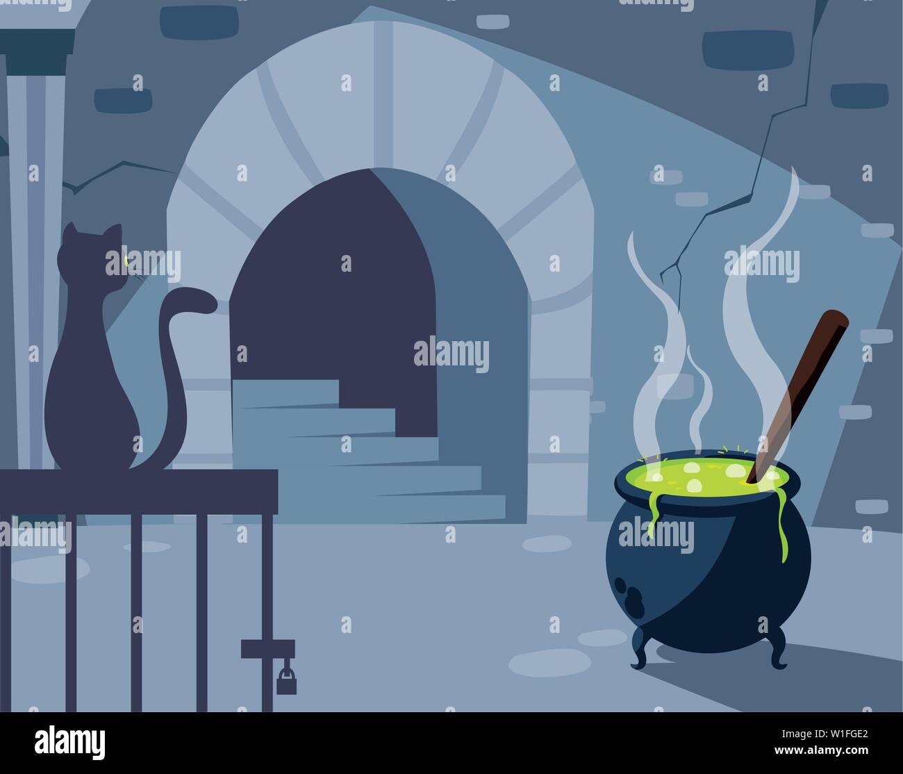 lair scene with black cat and cauldron vector illustration design Stock ...