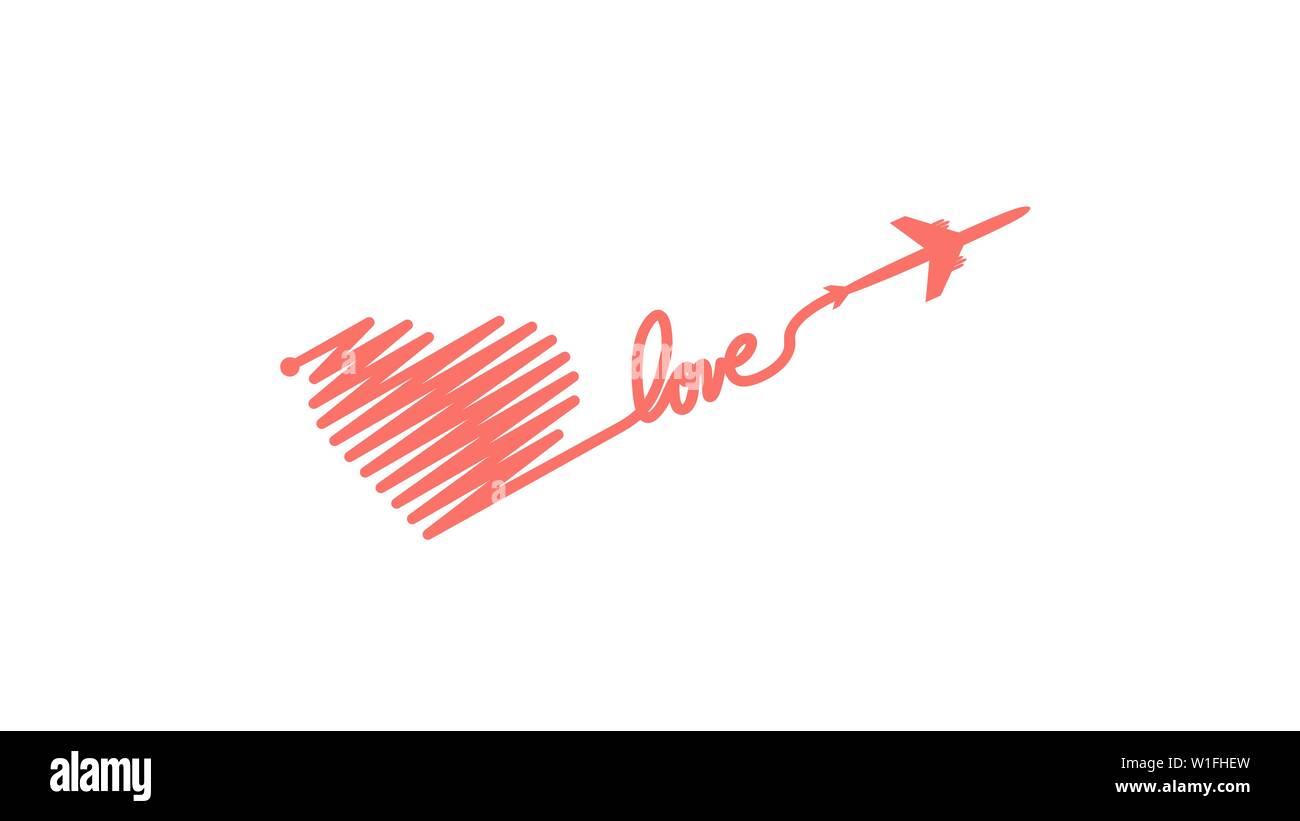 Plane and its track in the shape of a heart and text love on white ...