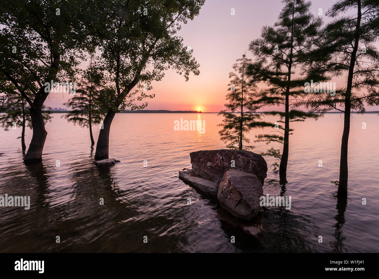 landscape water reflection evening dawn Stock Photo - Alamy