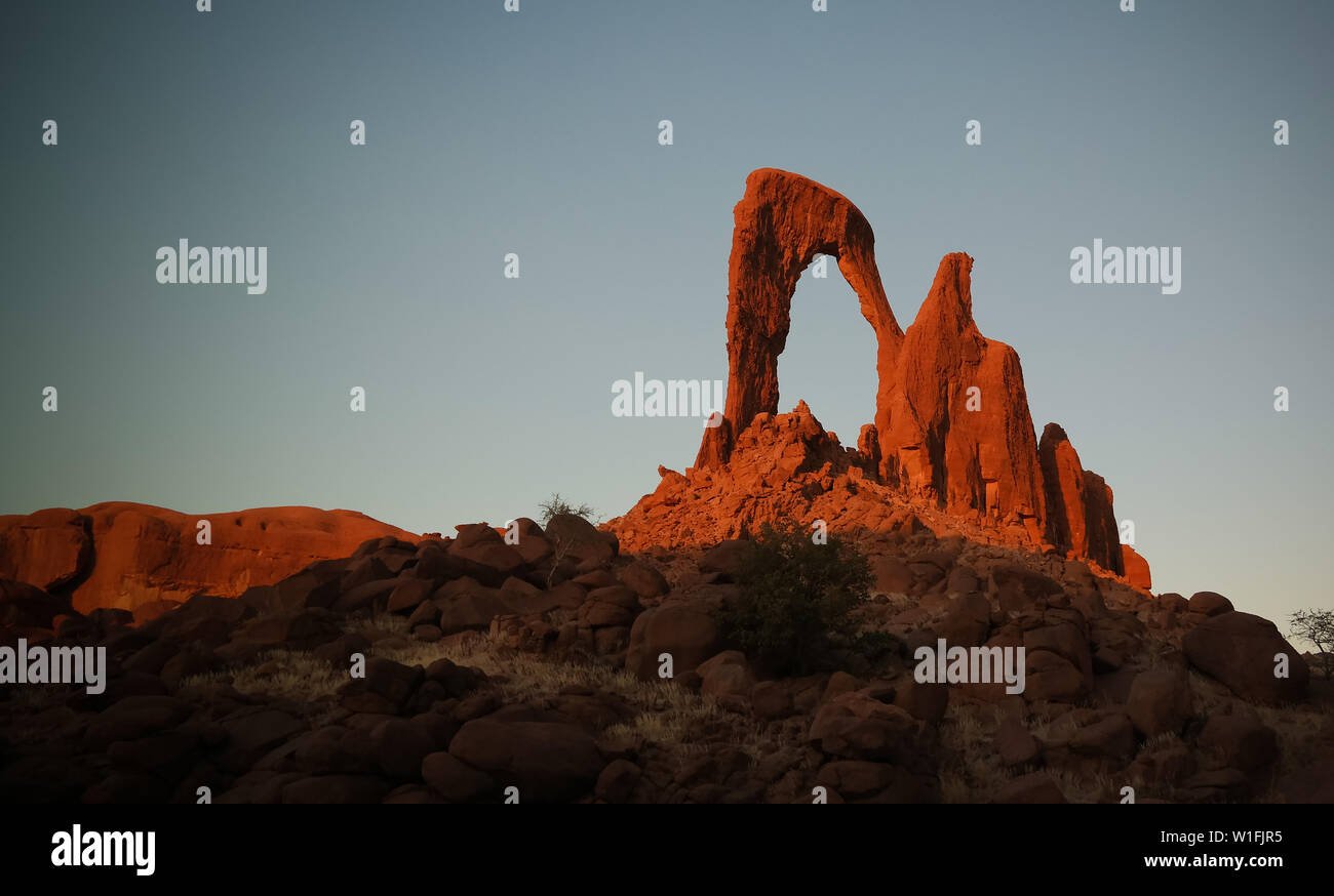Abstract Rock formation at plateau Ennedi aka window arch at sunset, in ...