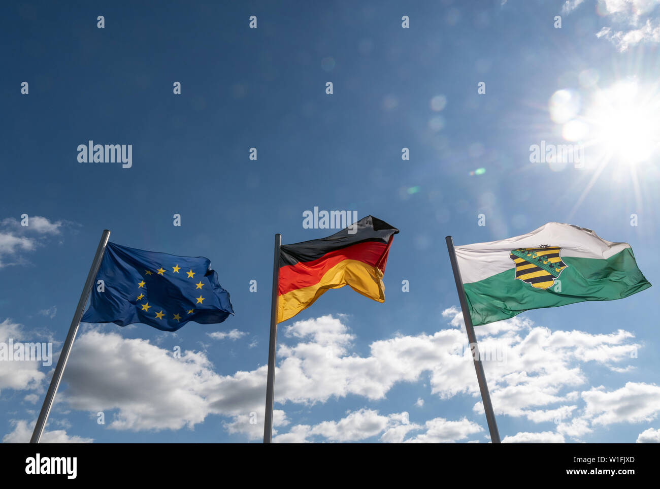 Dresden, Germany. 02nd July, 2019. The flags of Europe (l-r), Germany ...