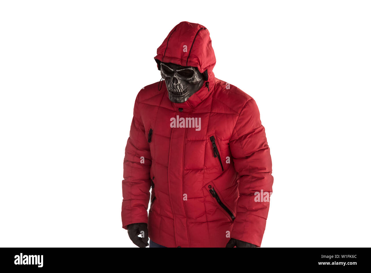 Man in death mask in red clothes on white background Stock Photo - Alamy