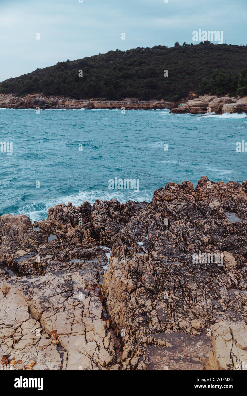 landscape view windy weather sea waves splashes. background Stock Photo ...