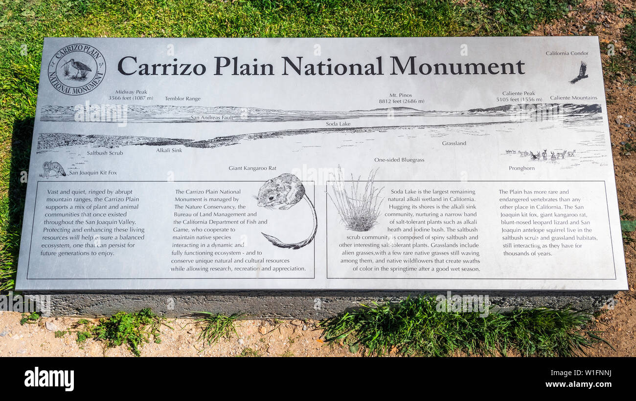 Interpretive sign, Carrizo Plain National Monument, California USA ...