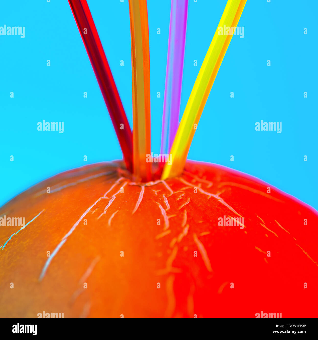 bright colored cocktail tubes stuck in a melon on a blue background ...