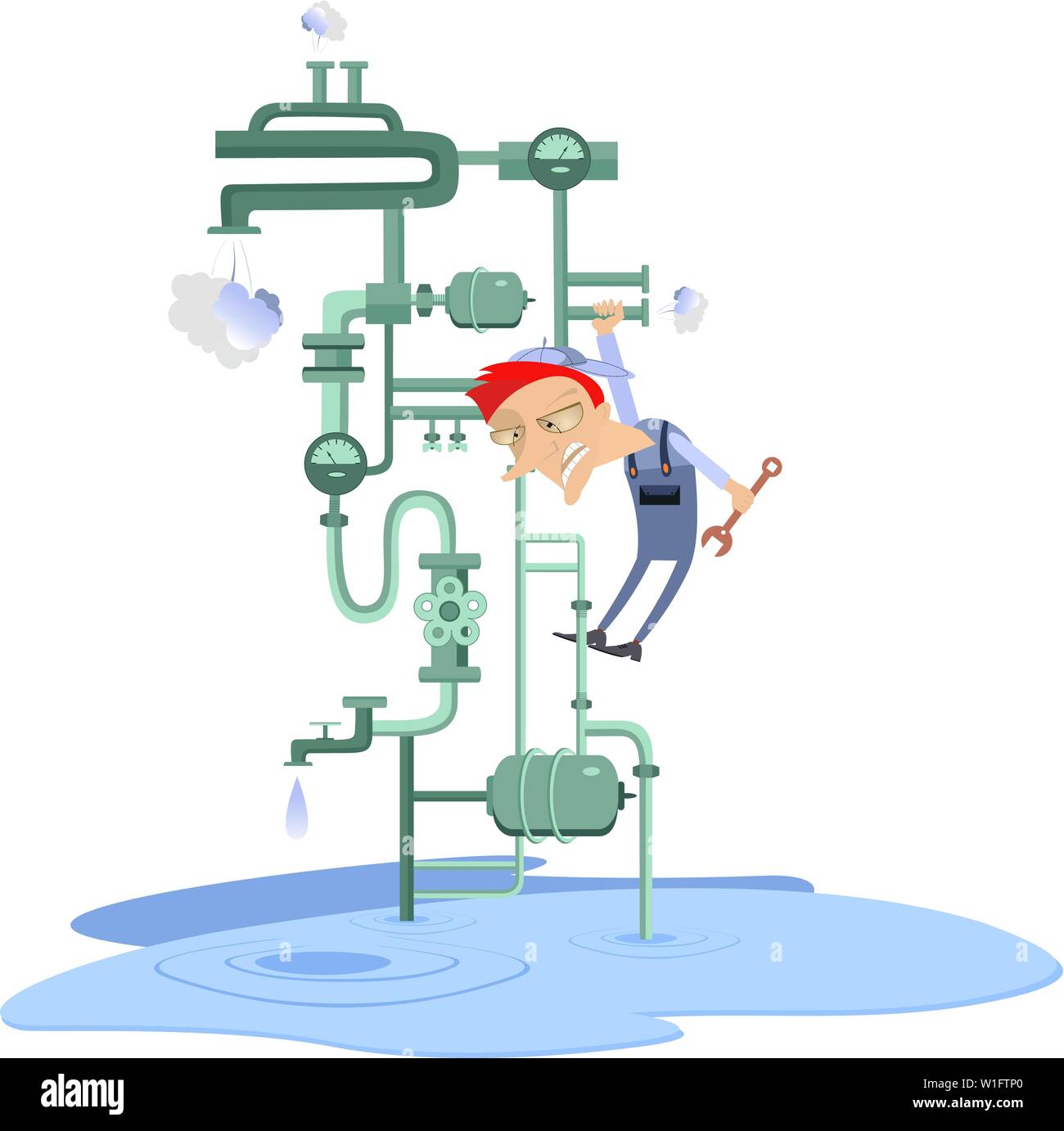 Breakdown, mechanic and pipe construction illustration. Cartoon ...