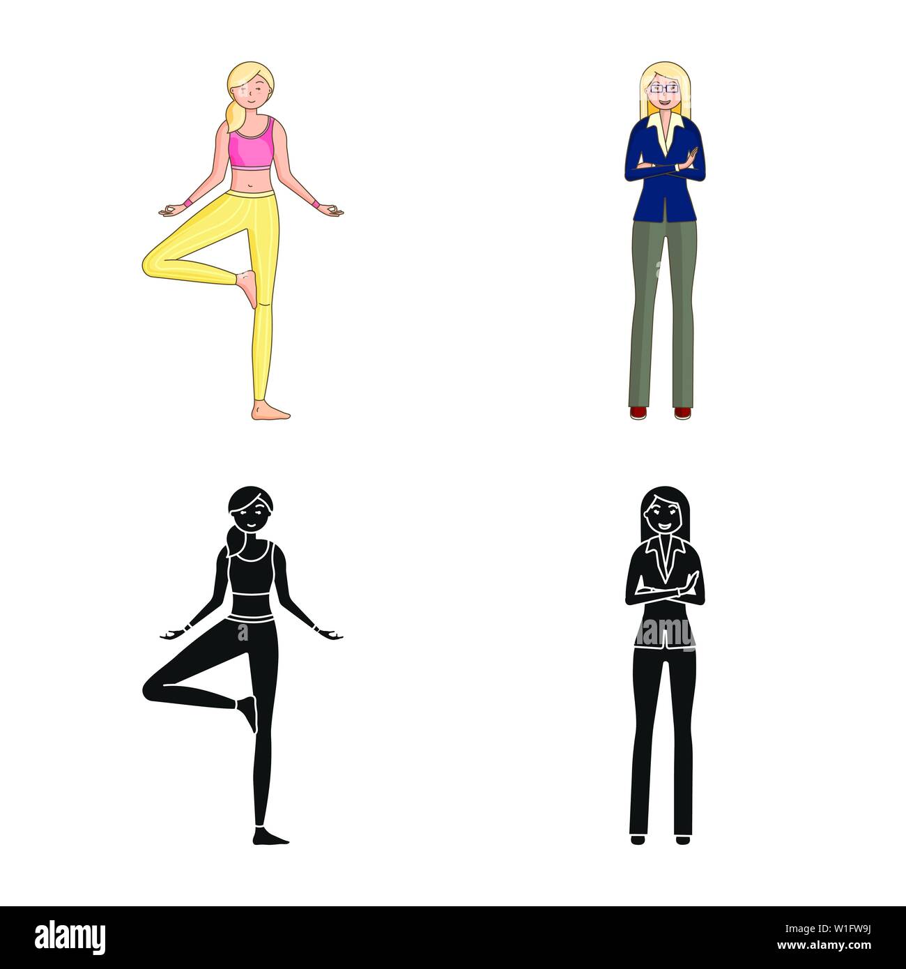 Vector illustration of posture and mood icon. Set of posture and female ...